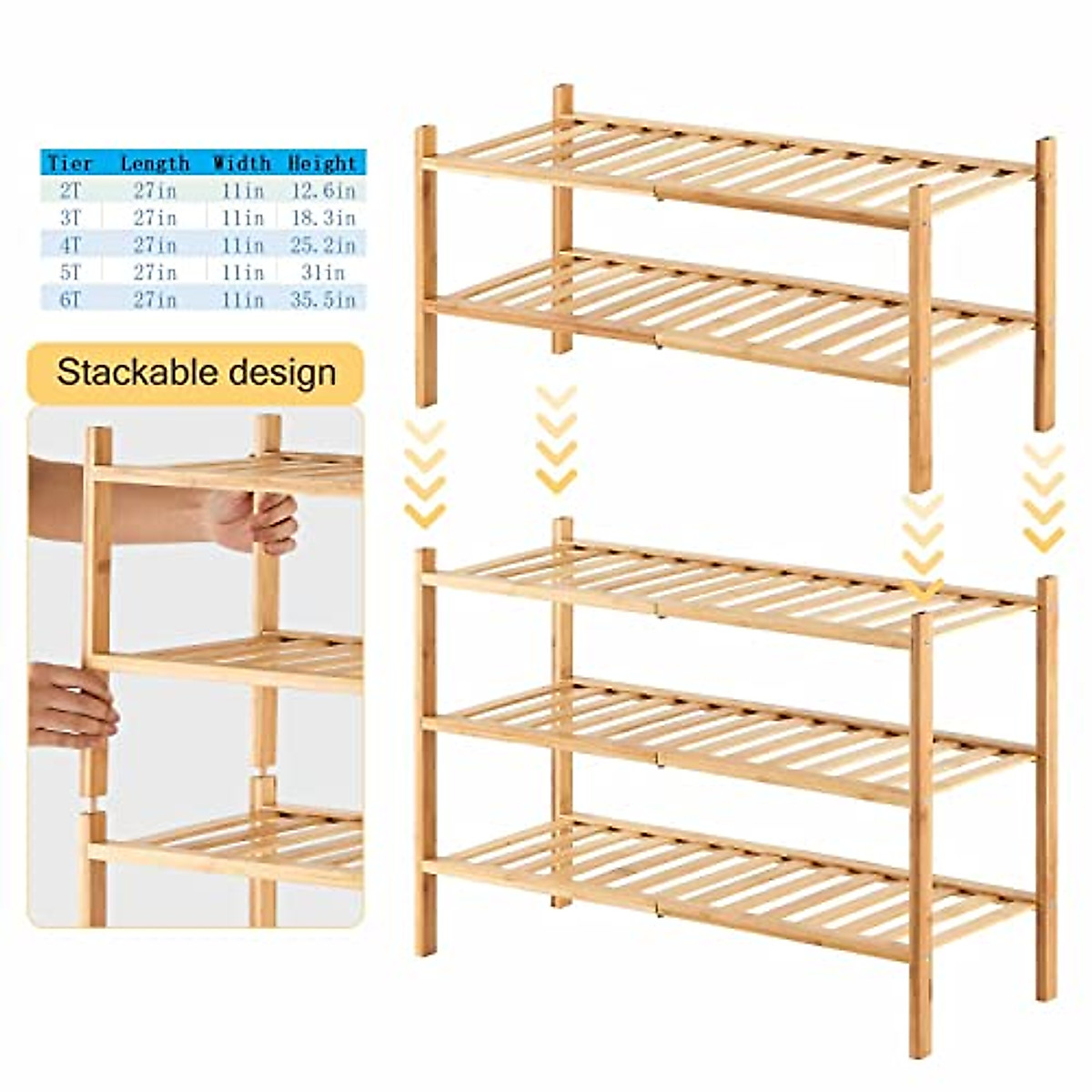 4-Tier Bamboo Shoe Rack for Entryway, Stackable | Heavy Duty | Multi-Function, Free Standing Shoe Racks for Bedroom Hallway Closet