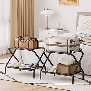 Jsluiiys Luggage Rack, Folding Luggage Stand, Collapsible Metal Luggage Holder, Heavy-Duty Suitcase Stand with Storage Shelf, Luggage Racks for Guest Room, Bedroom, Hotel Space Storage Rack, Black