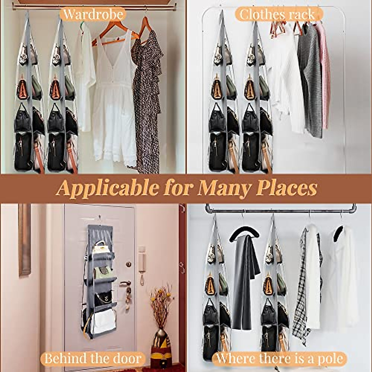Ceuku Hanging Handbag Organizer 2 Pcs Hanging Purse Organizer with 8 Easy Access Pockets Dustproof Hanging Bag Organizer for Purse Handbag, Purse Organizer for Closet Space Saving Grey 46” L x 13.8” W