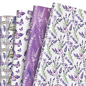 AnyDesign 12 Sheet Floral Wrapping Paper Purple Lavender Butterfly Gift Wrap Paper Folded Flat Floral Art Paper for Wedding Birthday Baby Shower Party Gift Packing DIY Craft, 19.7 x 27.6 Inch