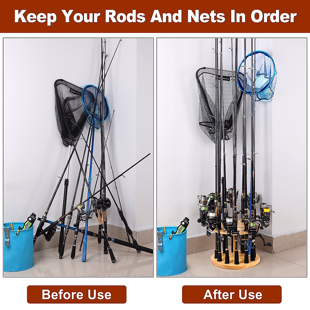 PLUSINNO V12 Fishing Rod Holders for Garage, Vertical Fishing Pole Holders Wooden Round Floor Stand, Fishing Rod Rack Holds up to 12 Rods or Fishing Nets Storage Organizer Racks, Fishing Gifts for Men