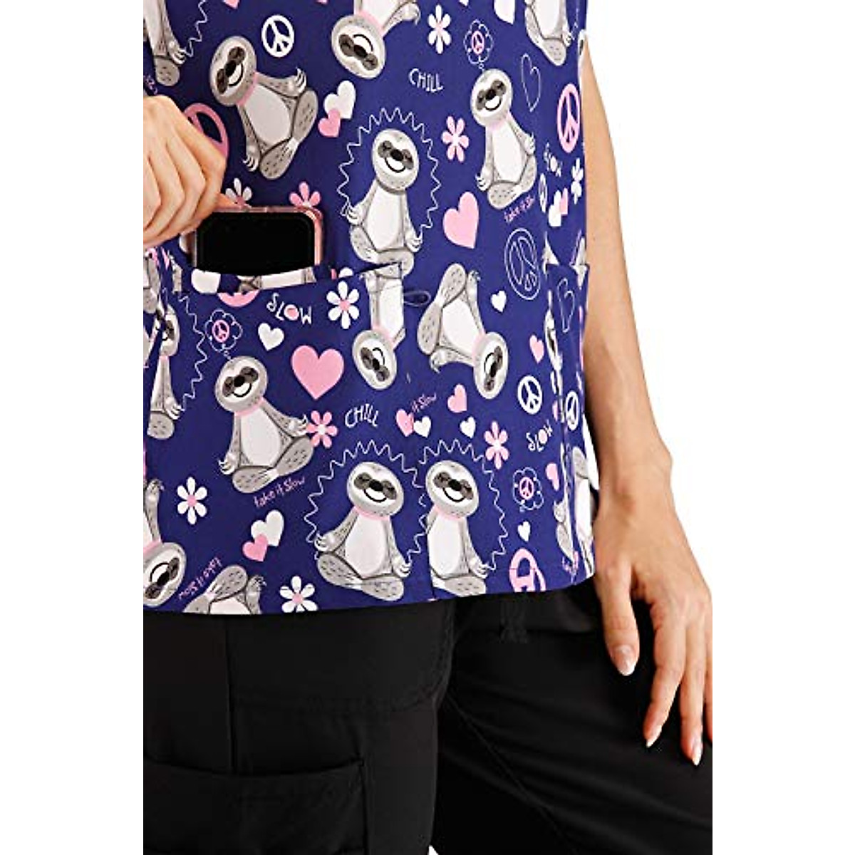 Minty Mint Women's Stretch Printed V-Neck Medical Scrub Top Navy Pink S