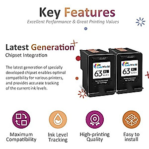 ColoWorld Remanufactured 63XL Black Ink Cartridge Replacement for HP 63 XL for HP OfficeJet 3830 3831 5252 4650 5258 5255 Envy 4520 3634 DeskJet 3636 3630 1112 1110 3637 3639 Printer (2 Pack)