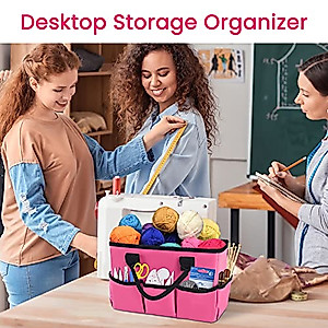 Godery Desktop Tote and Stock Organize, Teacher Helper Tote Bag Organization for Arts, Books, Stationery, etc, and Office Desk Organize, Make-up Storage Tote with Handles for Travel (PINK)