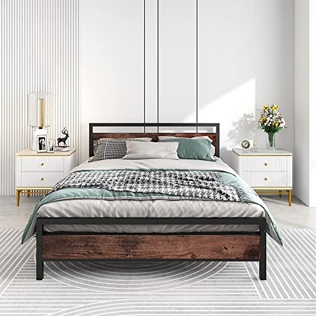 JURMERRY Queen Size Metal Platform Bed Frame with Wooden Headboard and Footboard Heavy Duty Steel Support, Mattress Foundation, No Box Spring Needed, Easy Assembly, Black RB