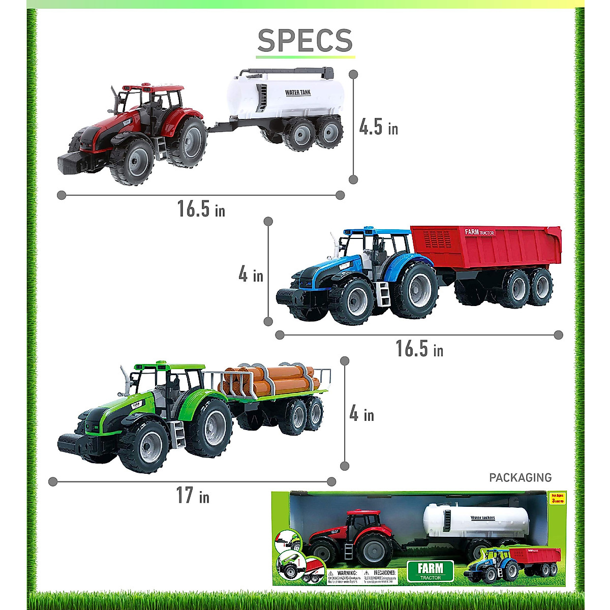 Mozlly Friction Powered Farm Tractor Trailer Toy Set - 16-inch Tractor Trailer Toys for Boys and Girls, Red Water Tank, Blue Farm Tractor, and Green Log Truck Toy, Farming Tractors Playset (3 Sets)
