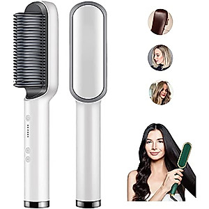 2023 New Negative Ion Hair Straightener Styling Comb with 5 Temp, 2 in 1 Hair Straightener Brush and Curler, Portable Electric Straightening Comb Heated Hair Brush 10s Fast Heating Anti-Scald (White)