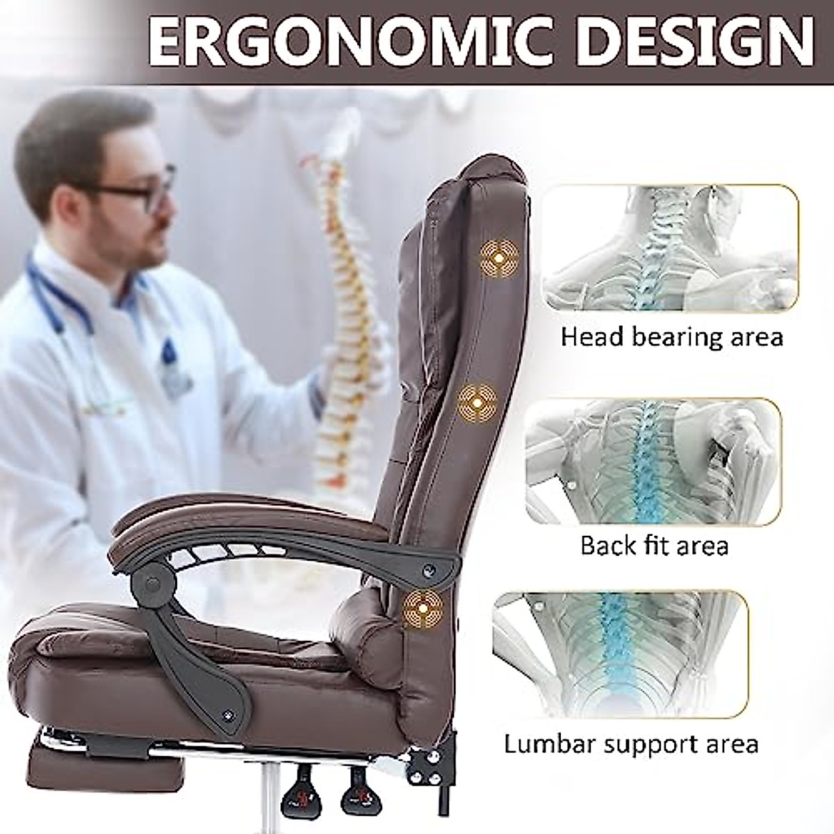 anjsindra Ergonomic Executive Office Chair with Footrest, PU Leather Task Chair with High Back Adjustable Height Modern Desk Chair, Black (Ergonomic Executive Office Chair, Amber)