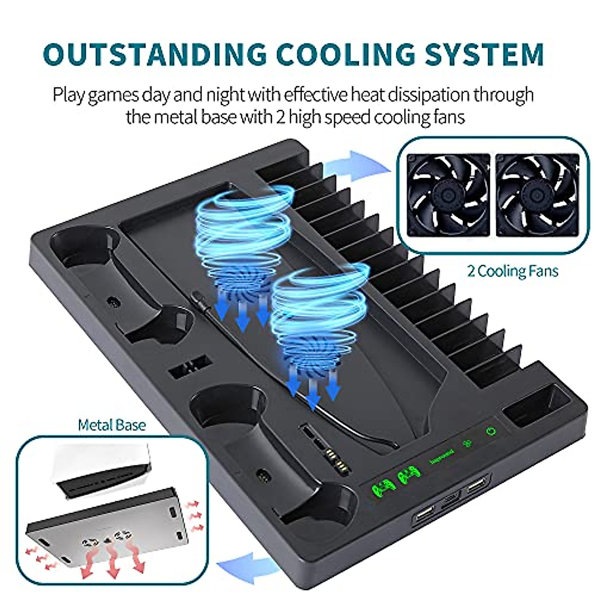 HAPROUND PS5 Vertical Stand with Cooling Fan and Dual Controller Charger - Indicator Lamps and 15 Game Slots, Fast Cooling Through Metal Base, PS5 Console Compatible