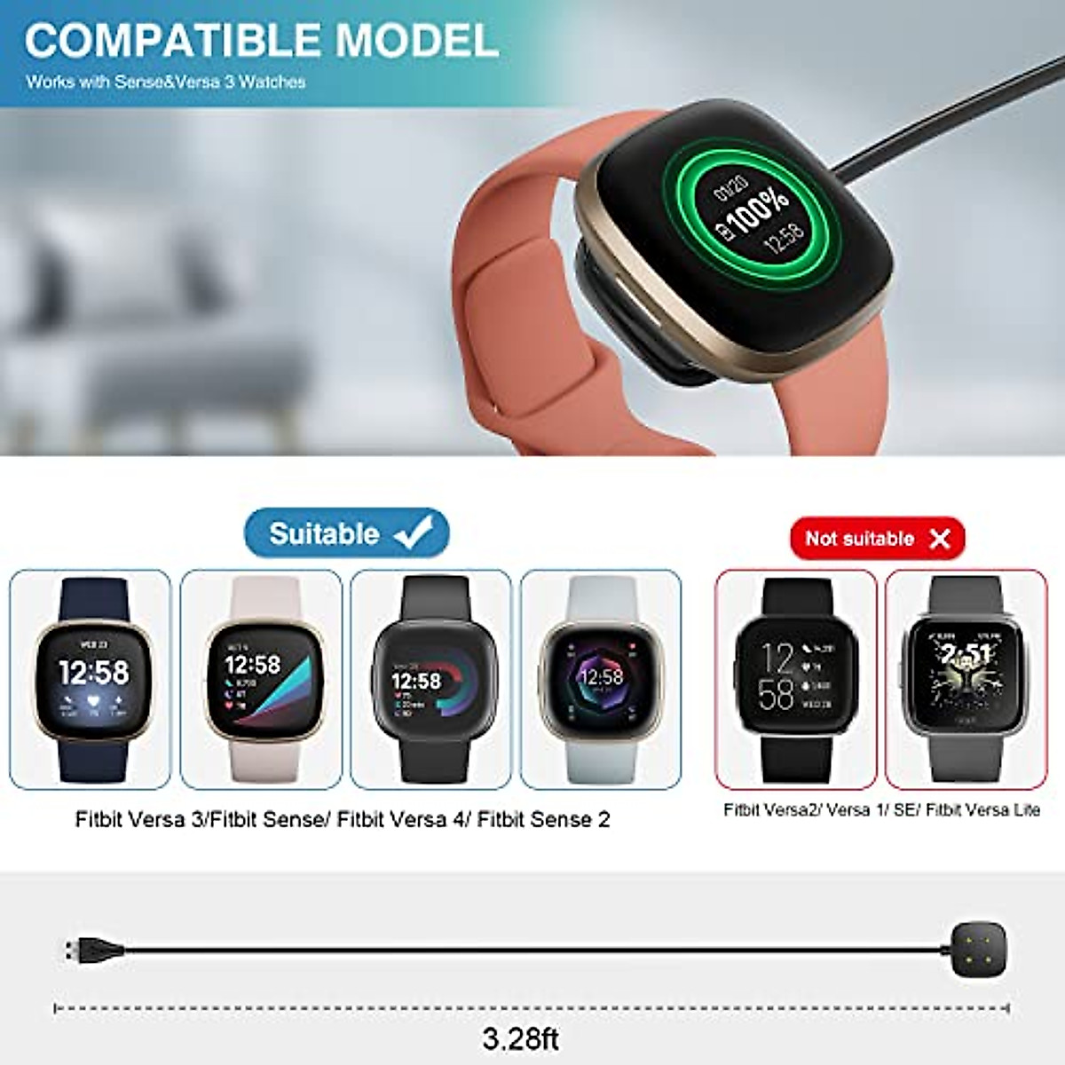 Trami 2 Pack Compatible with Fitbit Sense&Versa 3 Charger, Replacement USB Charging Cable Cord Stand for Versa 3/Versa 4/Sense/Sense 2 Watch,3.3ft+3.3ft