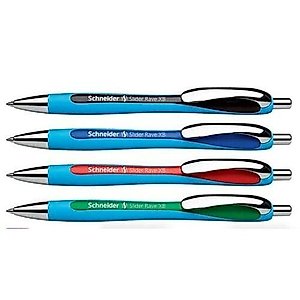 4 Schneider Rave XB Ballpoint Pens, Black, Blue, Red, Green, Extra Bold, (Bulk Packed)