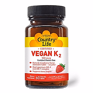 Country Life Certified Vegan K2 500 mcg - 60 Chewables - Strawberry Flavor - Dual Spectrum MK-4 and MK-7 Complex