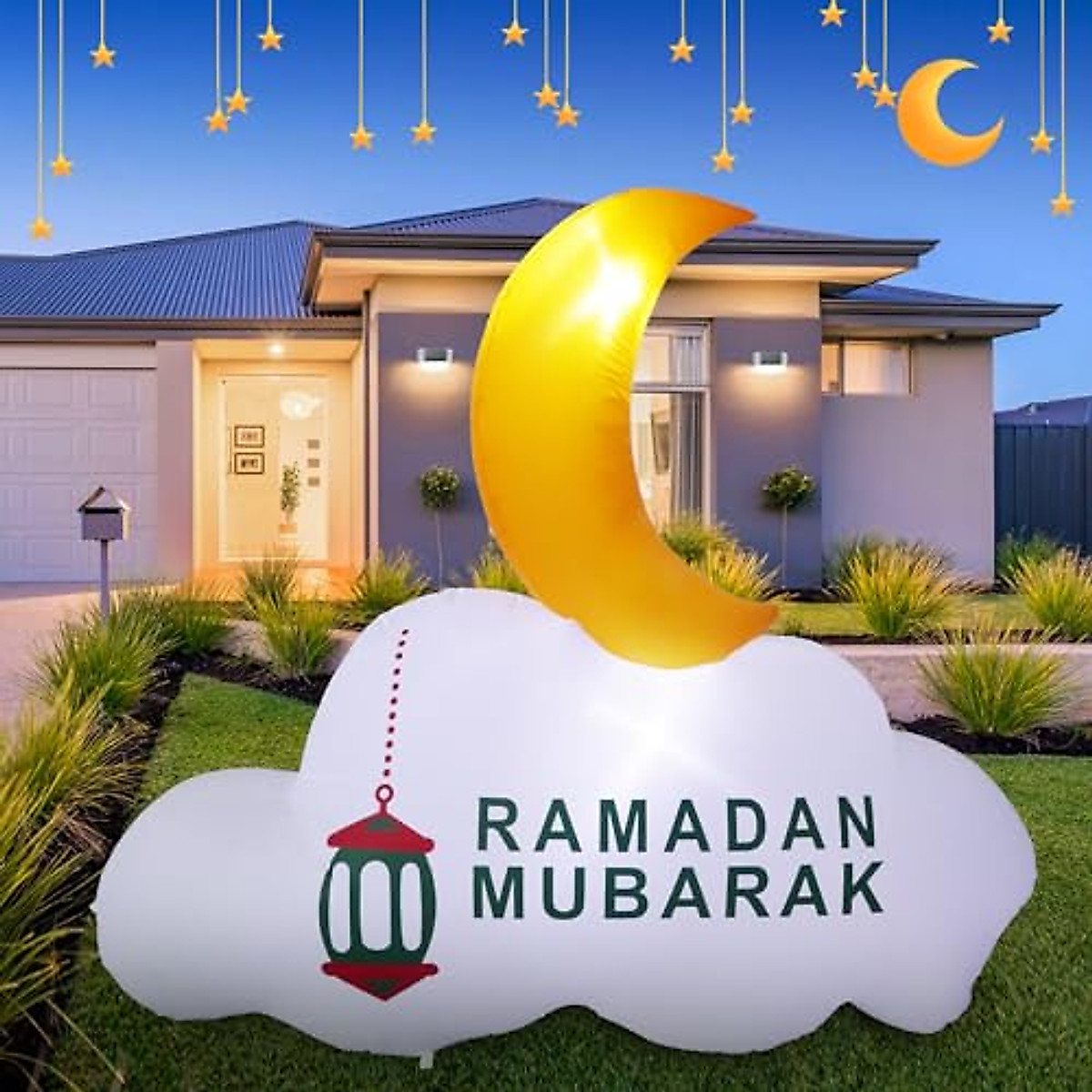 Dawdix 5FT Ramadan Inflatable Decorations, Eid Mubarak Inflatable Crescent Moon Decoration, Blow Up Ramadan Mubarak Yard Decor with LED Lights for Muslim Holiday Party, Garden