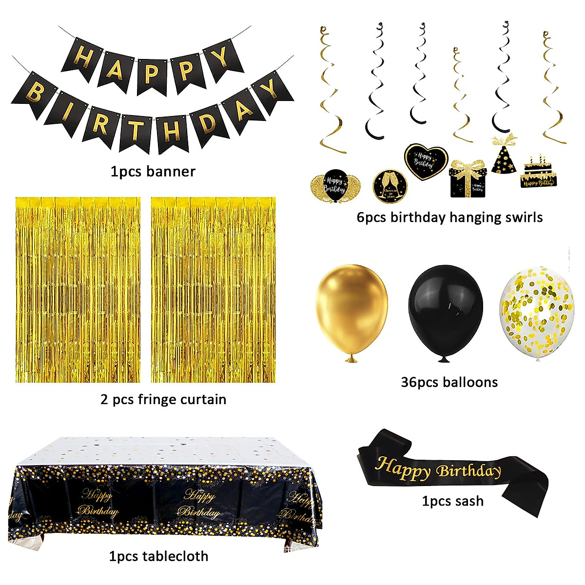 Black and Gold Birthday Decorations Black Gold Balloons Party Supplies with Banner Hanging Swirls Curtains Tablecloth Cake Toppers for Men Women Gold Black Birthday Father's Day Party Decorations