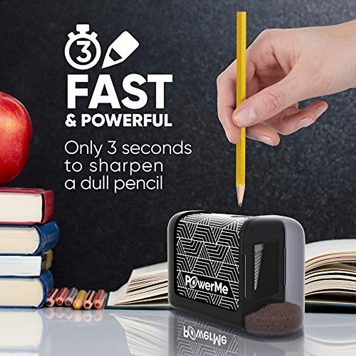 POWERME Electric Pencil Sharpener - Pencil Sharpener Battery Powered for Kids, School, Home, Office, Classroom, Artists – Battery Operated Pencil Sharpener For Colored Pencils, Ideal For No. 2 (Black)