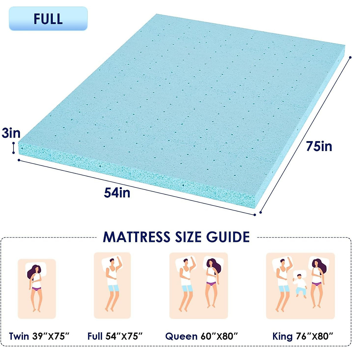 3 Inch Gel Memory Foam Mattress Topper, Mattress Topper, Memory Foam Mattress Pad, Cooling Gel Infused Mattress Topper, Soft Mattress Pads for Sleeper Sofa (Full)