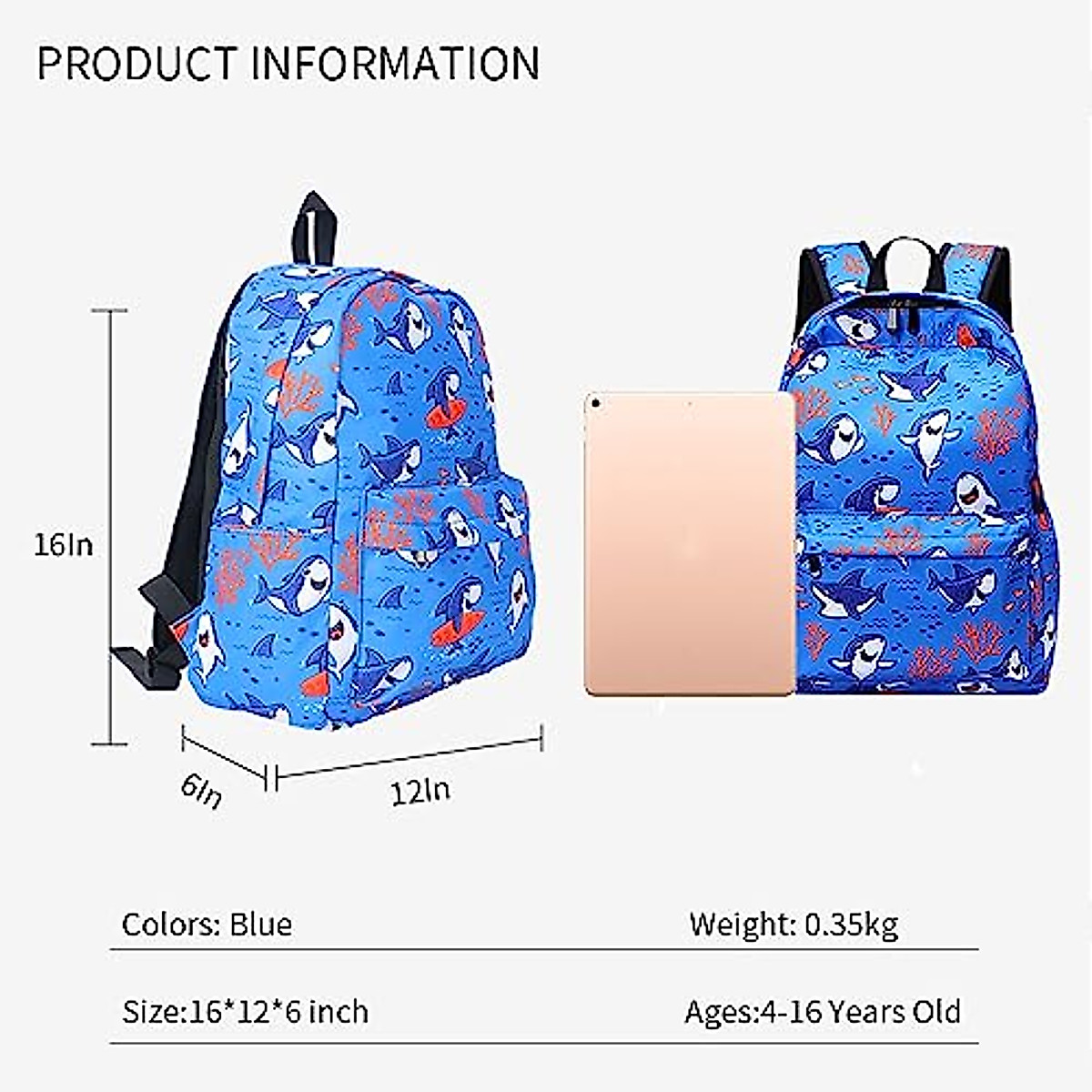 YUNYINIE 16 inch Shark School Backpack for Boys, Back to School Supplies Birthday Gifts for Kids for Preschool, Kindergarten