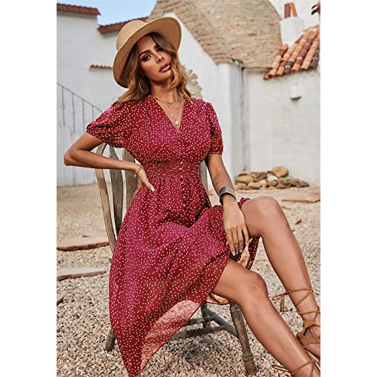 PRETTYGARDEN Red Dress for Women Dressy Bohemian Dress for Beach Pleated Modest Knee Length Swing Dresses Plus Size Vacation Lightweight Dress Casual Floral Dress(Red, Small)