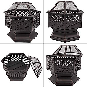 Fire Pit,22" Hexagonal Shaped Iron Brazier Wood Burning Fire Pit Decoration for Patio Backyard Garden Beach Camping Picnic