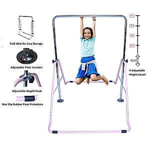 Kids Home Gymnastics Bar Jungle Gym 3 in 1 Set Deluxe Swing Seat, Trapeze Rings, Horizontal Kip Bar Height Adjustable Monkey Bar, Expandable Junior Training Gymnastic Balance Bar, Swing Set (Pink)
