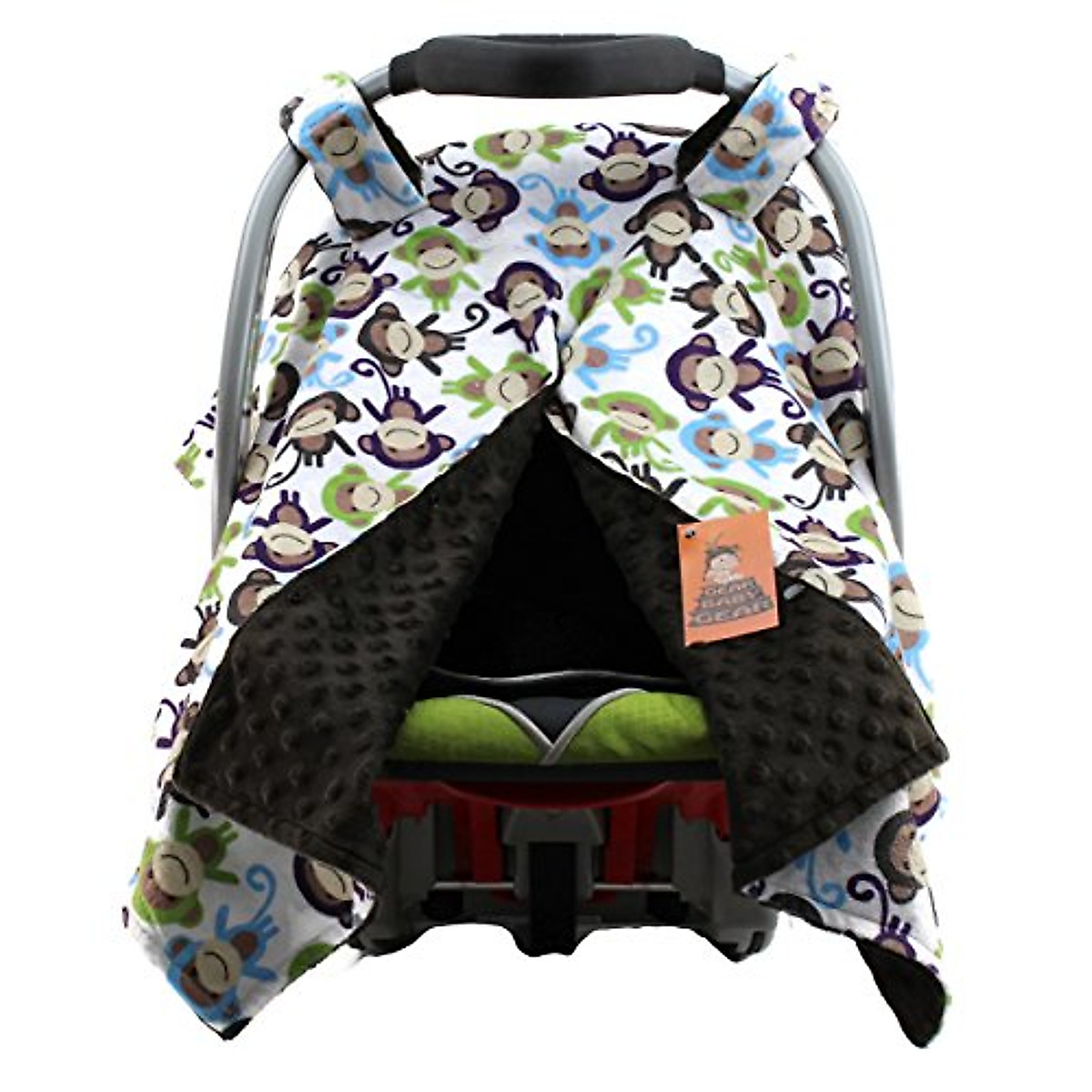Dear Baby Gear Deluxe Car Seat Canopy - Double Layer Infant Car Seat Cover - Soft and Breathable - Multi Colored Mischievous Monkeys Print/Brown Dot - 30" x 40"