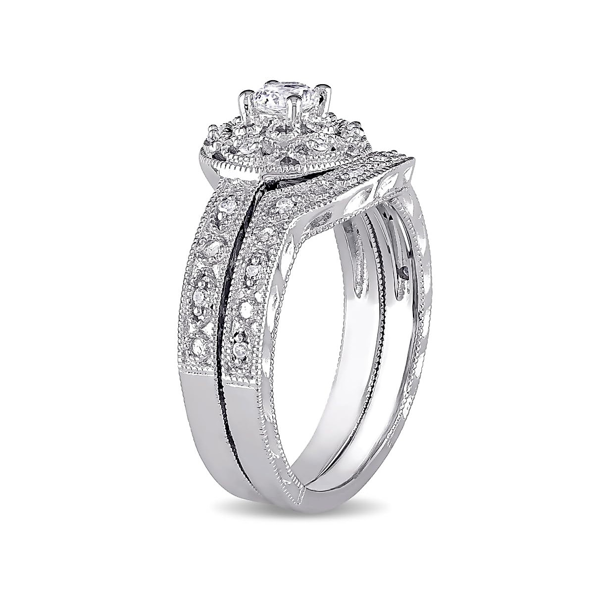 1/3 Carat (ctw) Lab-Created White Sapphire Bridal Engagement Ring and Wedding Band Set with Diamonds in Sterling Silver