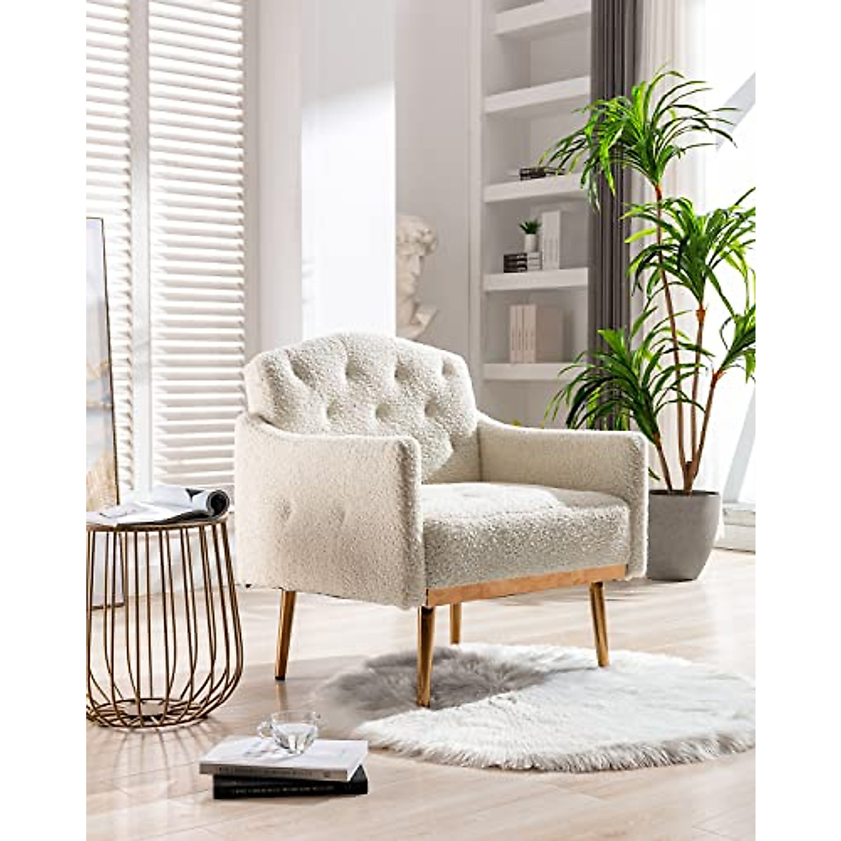 KINFFICT Modern Accent Chair, Upholstered Single Sofa Arm Chair for Living Room and Bedroom, Comfy Armchair with Solid Tapered Metal Legs, White