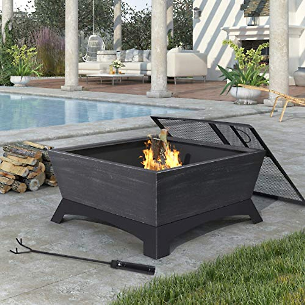 Fire Pit with Log Poker,Backyard Patio Garden Stove,Outdoor Fire Pit Table,Fire Pit Set,Wood Burning Pit,Mesh Screen for Outdoor Living, Family Use, Quality Steel,Dark Gray 25.9''x25.9''x17.1''