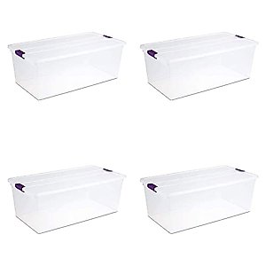 Sterilite 110 Qt ClearView Latch Storage Box, Stackable Bin with Latching Lid, Plastic Container Organize Clothes in Closet, Clear Base, Lid, 4-Pack