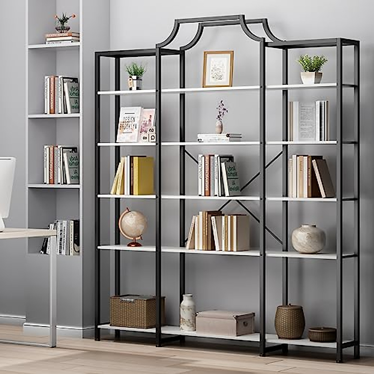 Auromie Triple Wide 5-Tier Bookshelf, 70.87" L x 79.13" H Extra Large Bookcase, Tall Open Etagere Display Shelf with Metal Frame, Freestanding Modern Storage Shelves for Home Office, Black&White