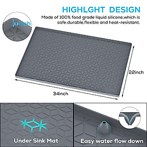 Under Sink Organizer Tray - Silicone Sink Liner with Drain Hole - Fits 36 inch Cabinet (Grey, 34X22)