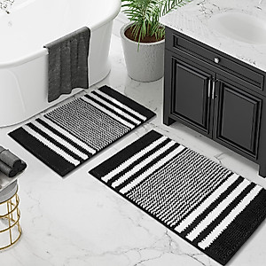 Tindbea Bathroom Rugs Set 2 Piece, Extra Soft and Absorbent Fluffy Striped Chenille Bath Mat Rug Set, Non Slip Bathroom Floor Mat, Machine Washable (20" x 32" Plus 16" x 24", Black)