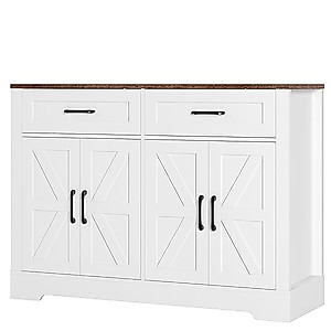 BOTLOG Farmhouse Buffet Cabinet with Storage, 47.2" Sideboard Storage Cabinet with Drawers Coffee Bar Cabinet for Kitchen, Dining Room, Hallway, White