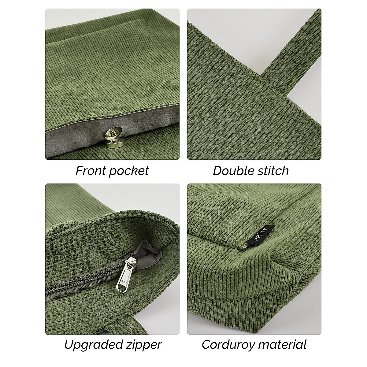 Prite Corduroy Tote Bag for Women Large Shoulder Bag with Zipper and Pockets for College Work Travel Shopping(Green)