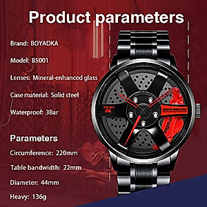 BOYADKA Car Wheel Watch, Stainless Steel Watch with Japanese Quartz Movement, Waterproof Sports Wrist Watch with Car Rim Hub Design for Men/Car Enthusiast (Red)