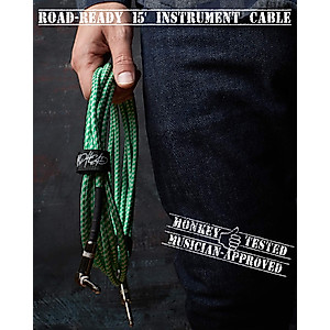 Mophead 15-Foot Guitar Instrument Cable - 1/4 Inch TS to 1/4 Inch TS Right Angle Pro Grade Double Insulated Tweed Braided for Electric Guitar, Bass, Amp, Keyboard (Green and White)