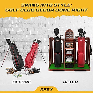 Apex Sports Golf Bag Organizer - Handcrafted Wood Design, Bag Stand, Ball Display, Storage Shelves, Garage Rack (Cherry)