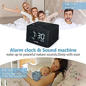 REACHER R3 Dual Alarm Clock and White Noise Machine with Adjustable Volume, 6 Wake Up Sounds, 12 Soothing Sounds for Sleeping, Auto-Off Timer, USB Charger, 0-100% Dimmer for Bedroom