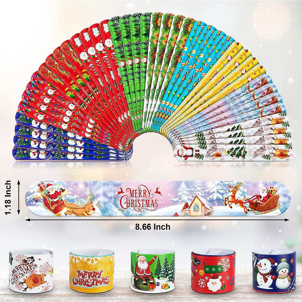 SYNARRY Christmas Slap Bracelets for Kids, Xmas Slap Wristbands Snap Bracelets Bulk with Santa Claus Reindeer, Christmas Party Favors Gift Bag Filler Christmas Stocking Stuffers Kids Christmas New Year Gifts 2023