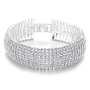 COOLSTEELANDBEYOND Sparkling Womens Crystal Rhinestones Cluster Wide Bangle Bracelet, Luxury