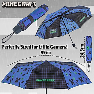 Minecraft Kids Folding Umbrellas, Durable & Compact Umbrella, Windproof Travel Umbrella for Boys and Girls (Black/Blue)
