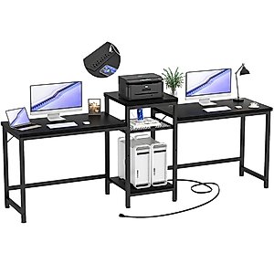 Unikito 2 Person Home Office Desk with USB Charging Port and Power Outlet, Modern Double Desk, Large Computer Desk Workstation with Storage Shelves, Long Desk, Gaming Desk, Writing Study Desk, Black