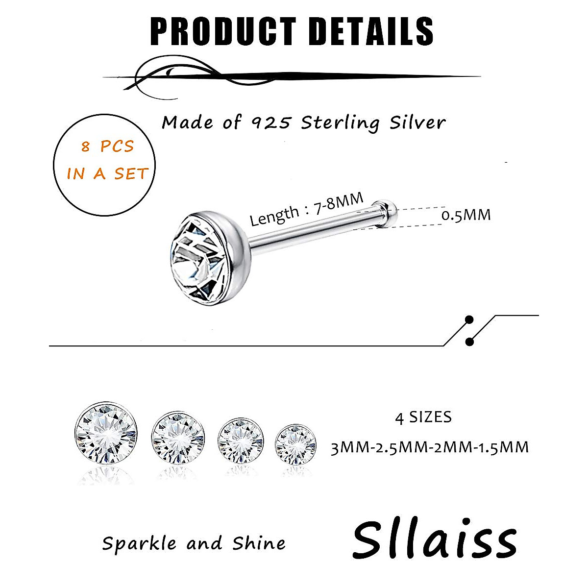 Sllaiss 8 Pcs 925 Sterling Silver Tiny Nose Ring Studs Set for Women Round Czech Crystal Nose Piercing Body Jewelry Hypoallergenic 1.5MM 2MM 2.5MM 3.5MM