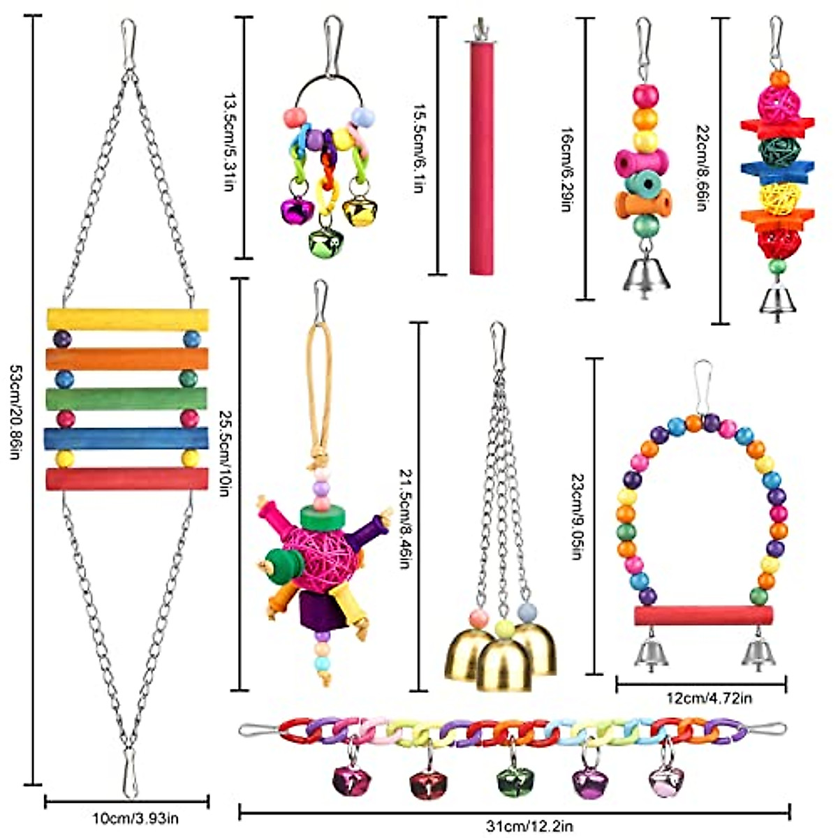YIXUND Bird Toys for Conures with Colorful Ladder Hammock Bird Cage Accerious Bird Perch Stand Chewing Toys Hanging Bell for Parrot Parakeet Cockatiel Lovebirds