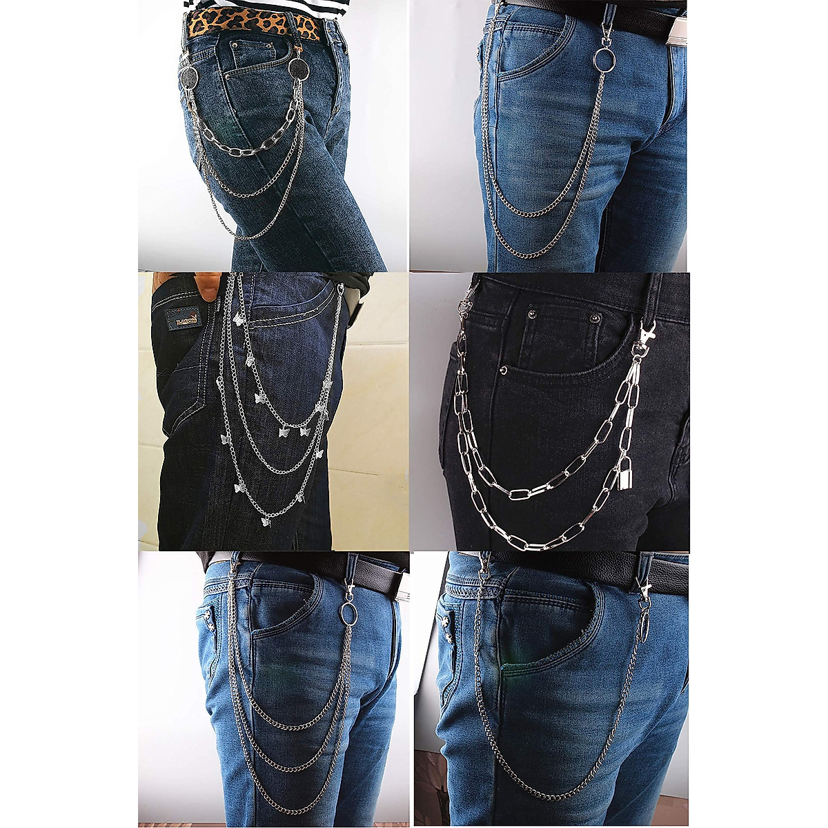 6 Pieces Pants Chain Wallet Chain Butterfly Lock Charm Jeans Chains Pocket Punk Chain Hip Hop Rock Chains for Women Men