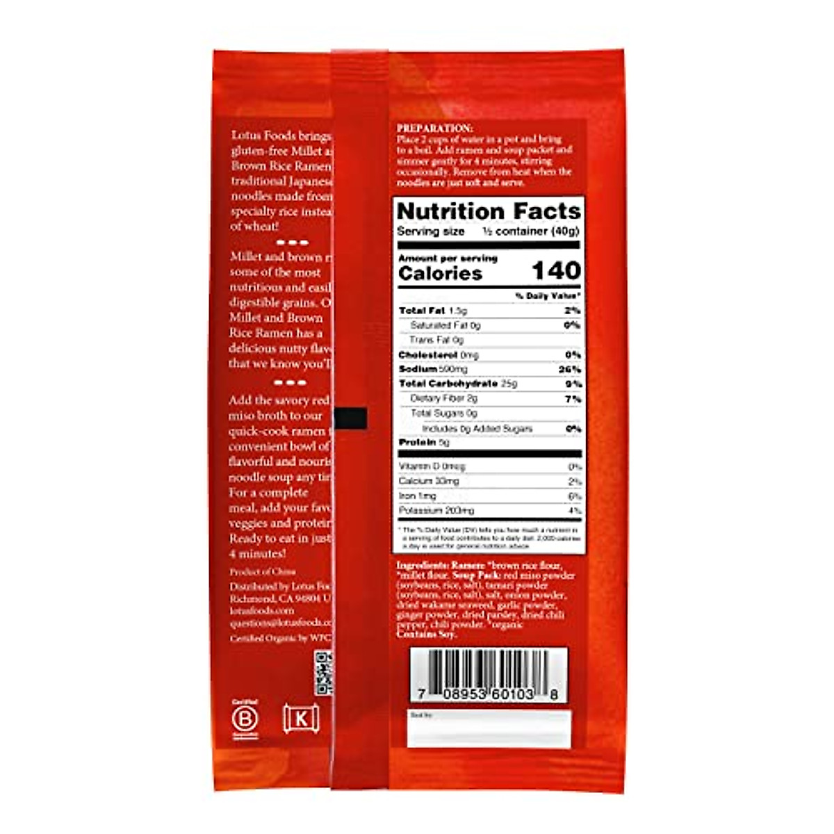Lotus Foods Bulk Food Organic Millet & Brown Rice Ramen Noodles with Red Miso Soup, Gluten-Free Easy to Cook & Healthy Japanese Noodles with Instant Gourmet Broth, 2.8 Oz (Pack of 10)