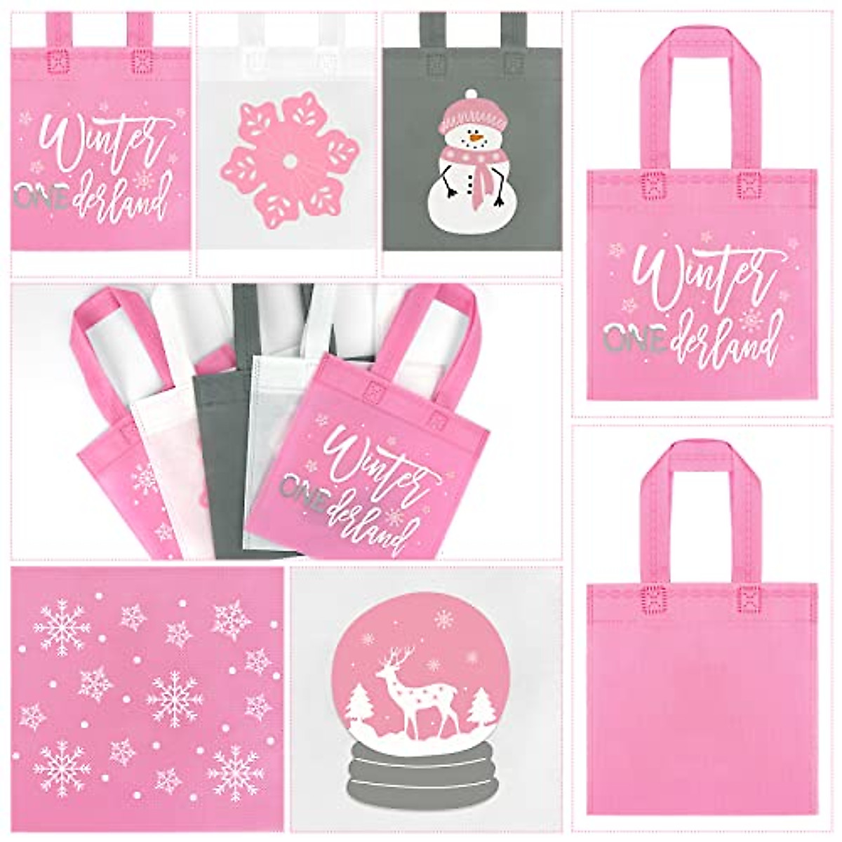 20Pcs Winter Onederland Party Favor Bags, Non-Woven Snowflake Gift Treat Bags Snowman Candy Bag Winter Wonderland Party Bag for Winter Baby Shower Decoration Winter First Birthday Party Supplies