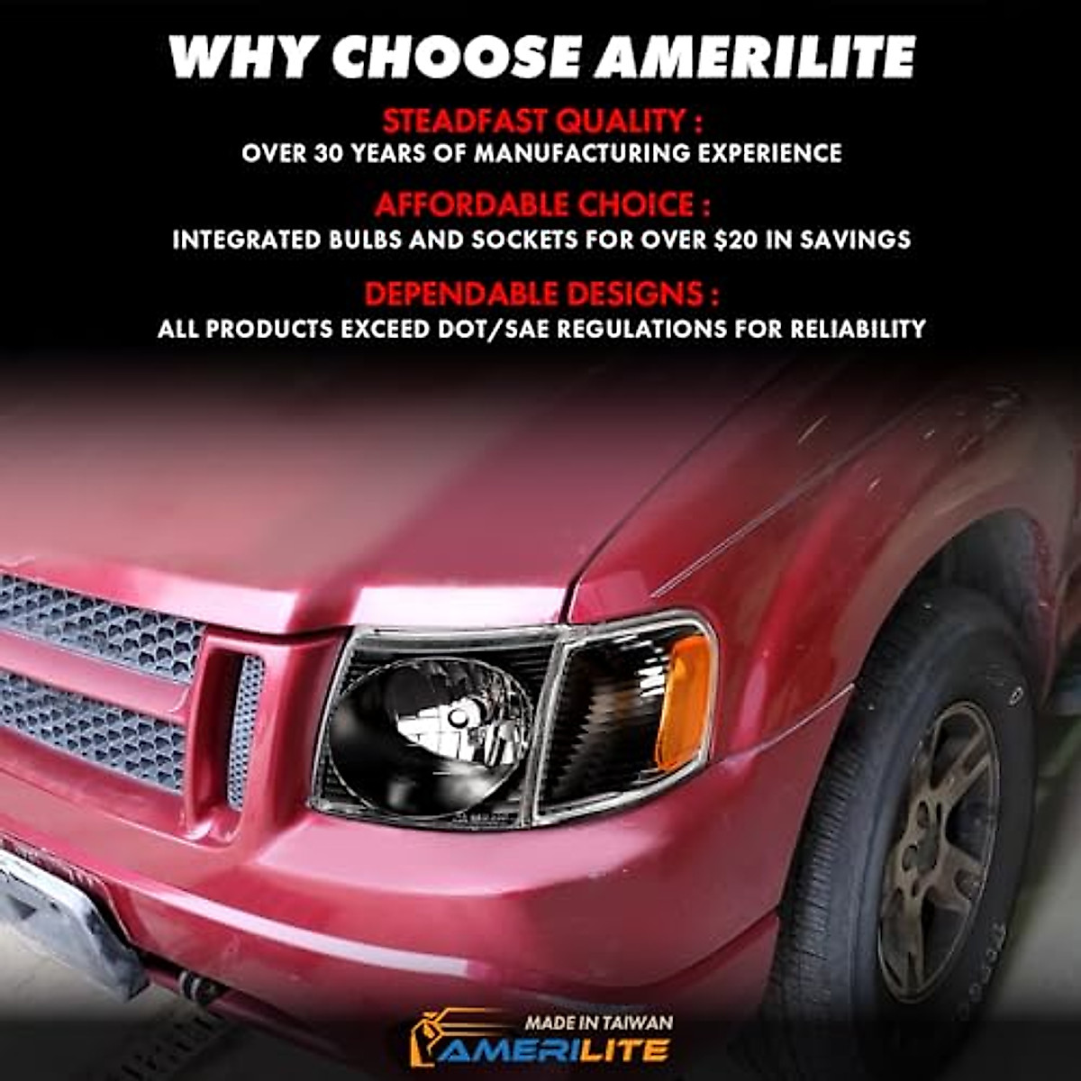 AmeriLite for 2001-2005 Ford Explorer Sport Trac Crystal Black Replacement Headlights with Corner Lamp Set - Passenger and Driver Side