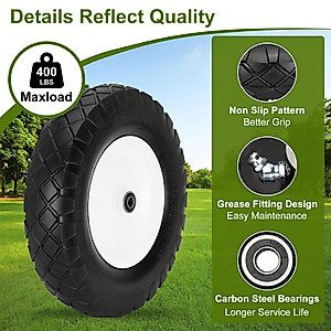 Pontuss Upgraded 16" Flat Free Wheelbarrow Wheels and Tires, 4.80/4.00-8 Solid Wheelbarrow Tires with 5/8"&3/4" Bearings,14"-16" Universal Fit Wheelbarrow Tires for Wheelbarrows/Garden Trailer