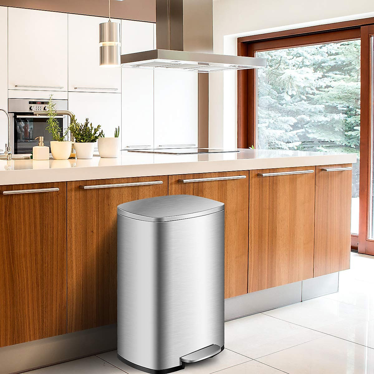 Goplus 13.2 Gallon/ 50 L Kitchen Trash Can, Anti-Fingerprint Touchless Waste Bin with Soft-Closing & Stay Open, Step-On Stainless Steel Garbage Can for Living Room Home Office